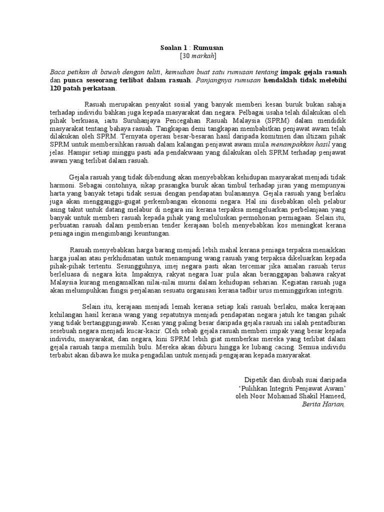 Baca Petikan Di Bawah Dengan Teliti, Kemudian Buat Satu Rumusan Tentang Impak Gejala Rasuah | PDF