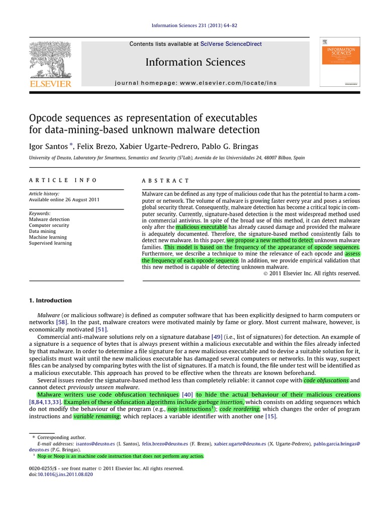 Opcode Sequences As Representation Of Executables For Data Mining Based Unknown Malware