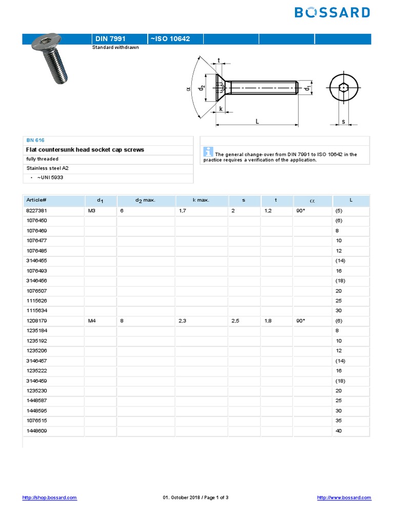 DIN 7991 ISO 10642: Flat Countersunk Head Socket Cap Screws | PDF ...