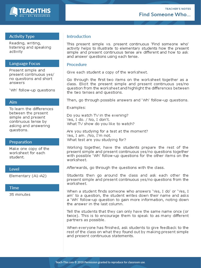 Find Someone Who : Activity Type | PDF | Question | English As A Second ...