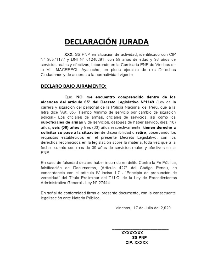 Modelos de Declaracion Jurada para Anexar A La Solicitud de Pase A Retiro | PDF | Declaración ...