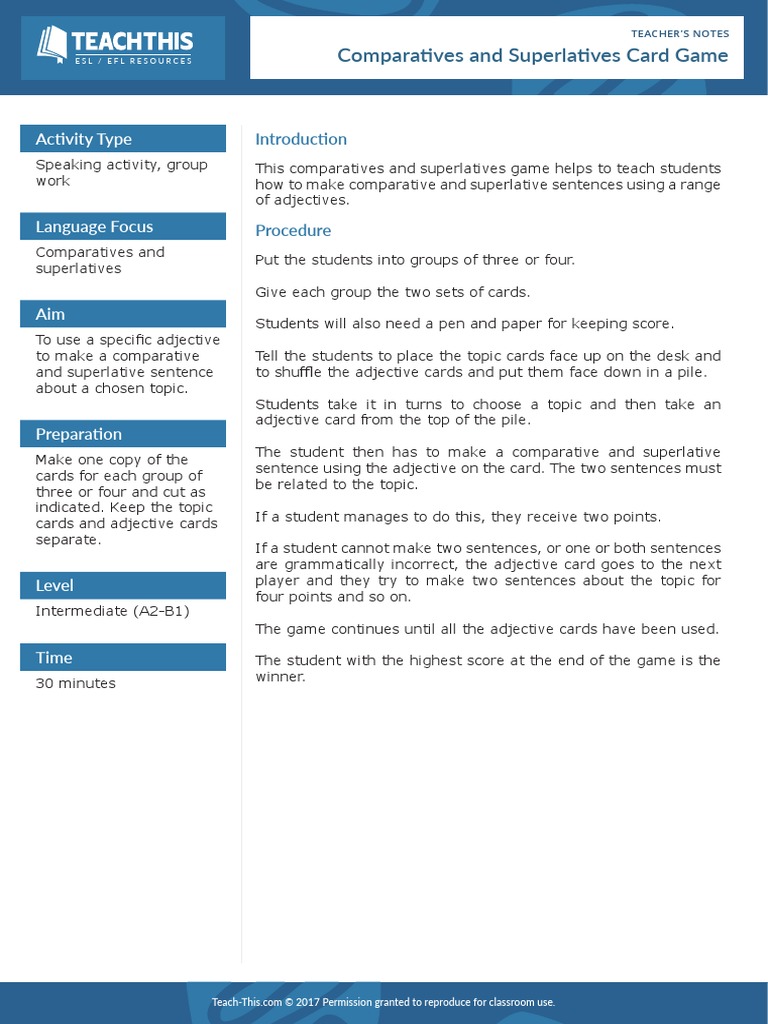 Comparatives and Superlatives Card Game: Activity Type | PDF | English ...