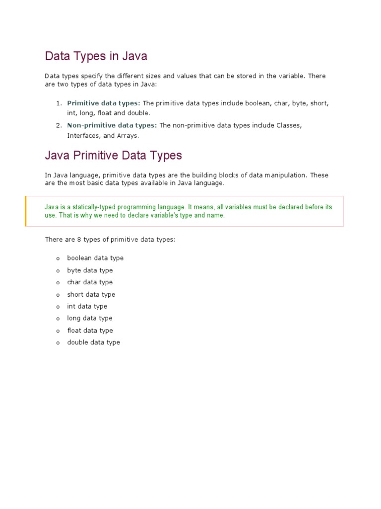 Data Types In Java Pdf Data Type Integer Computer Science