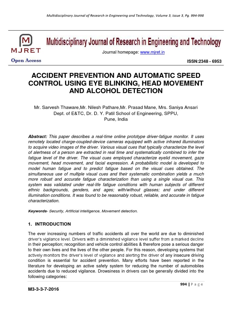 Accident Prevention and Automatic Speed Control Using Eye Blinking, Head Movement and Alcohol ...