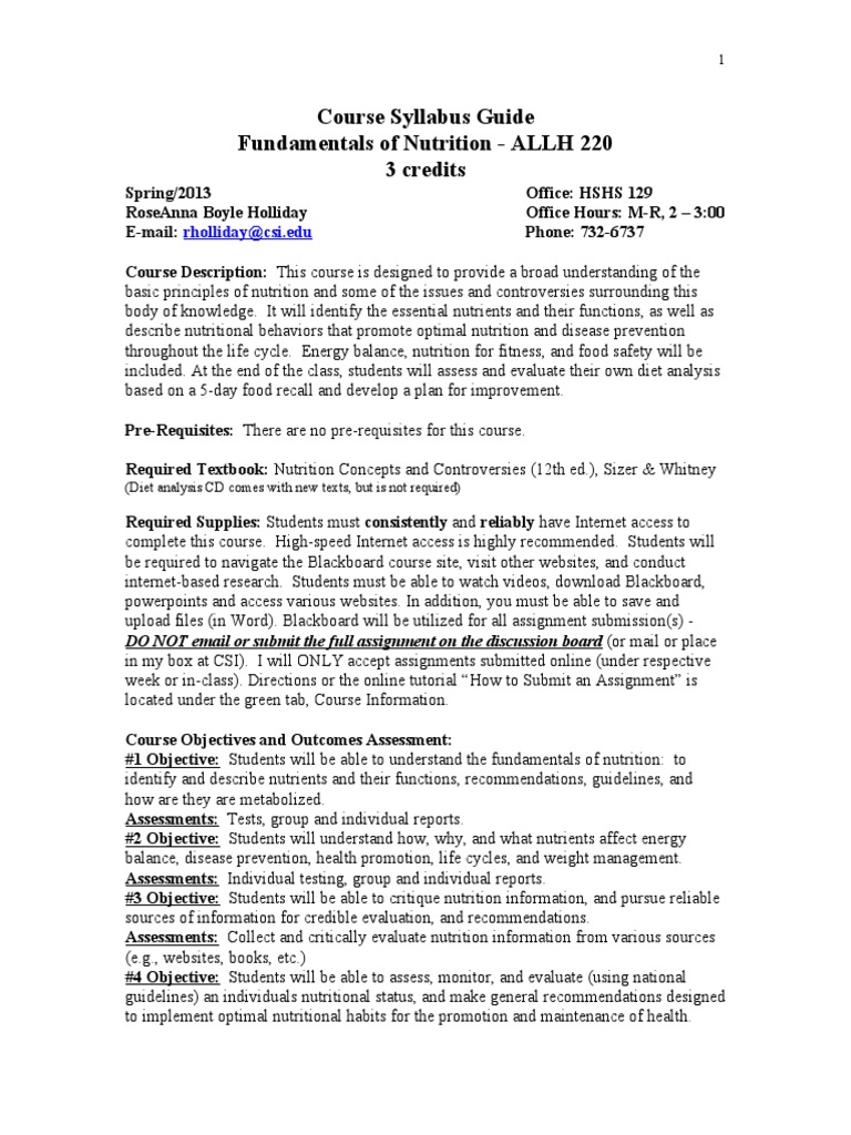 Nutrition Course Syllabus - ALLH 220 | PDF | Educational Assessment ...