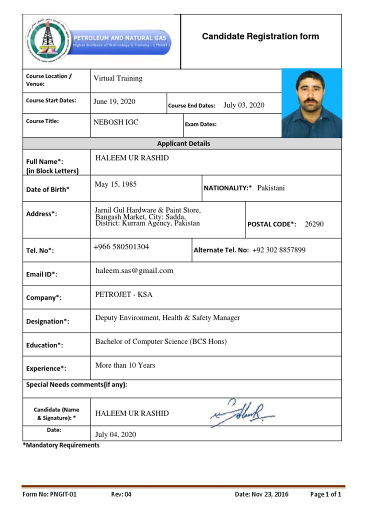 PNGIT - NEBOSH Registration Form PDF | PDF