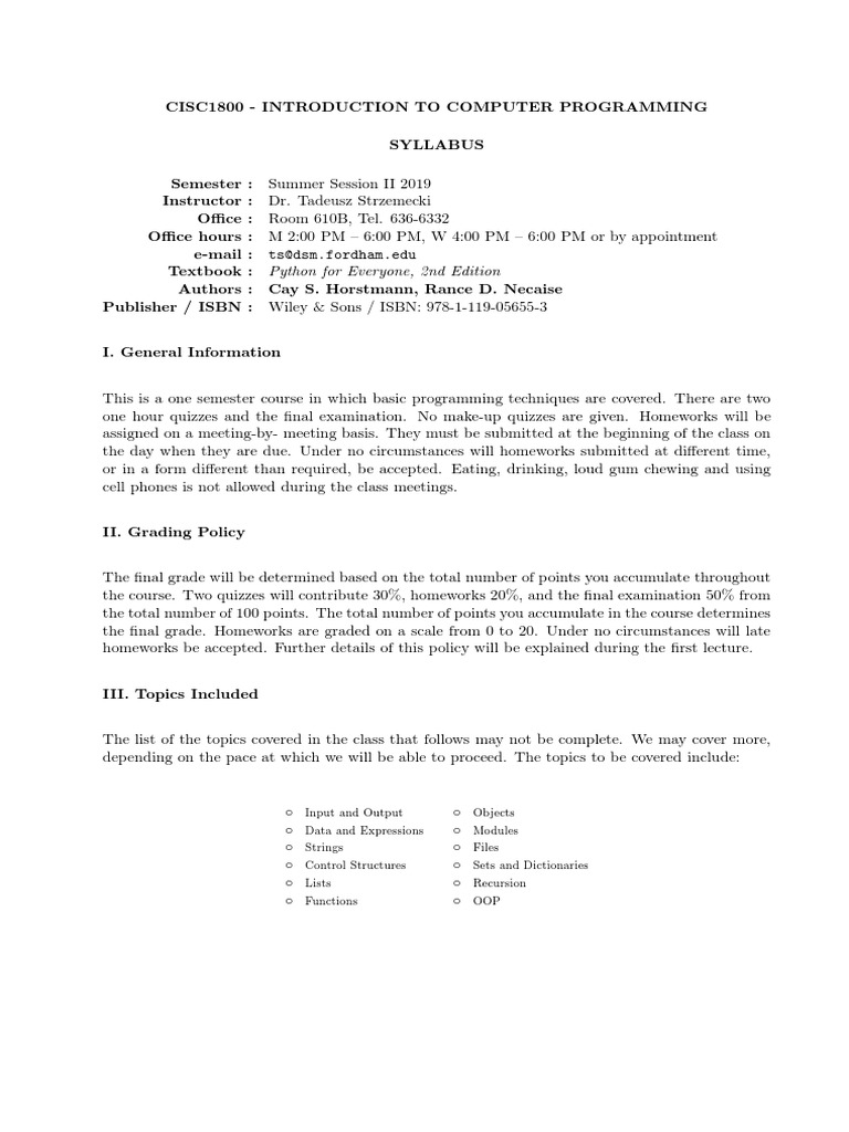 CISC 1800 Introduction To Computer Programming Strzemecki 2019 | PDF