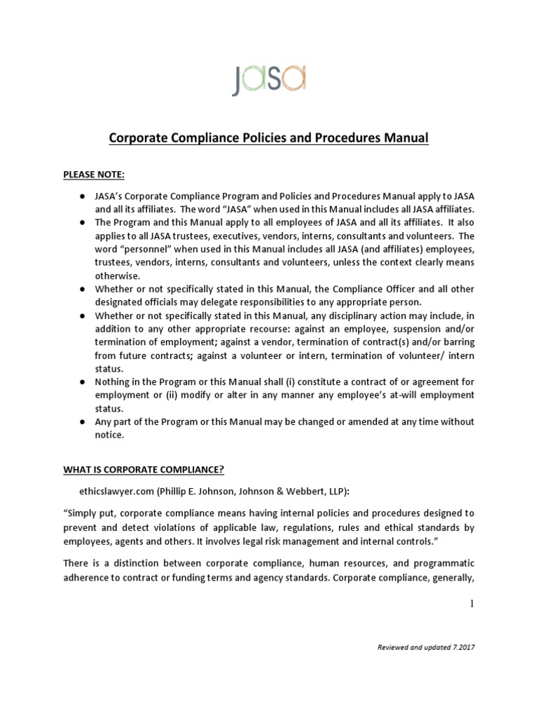 Corporate Compliance Manual - Revised 7.2017 PDF | PDF | Whistleblower ...