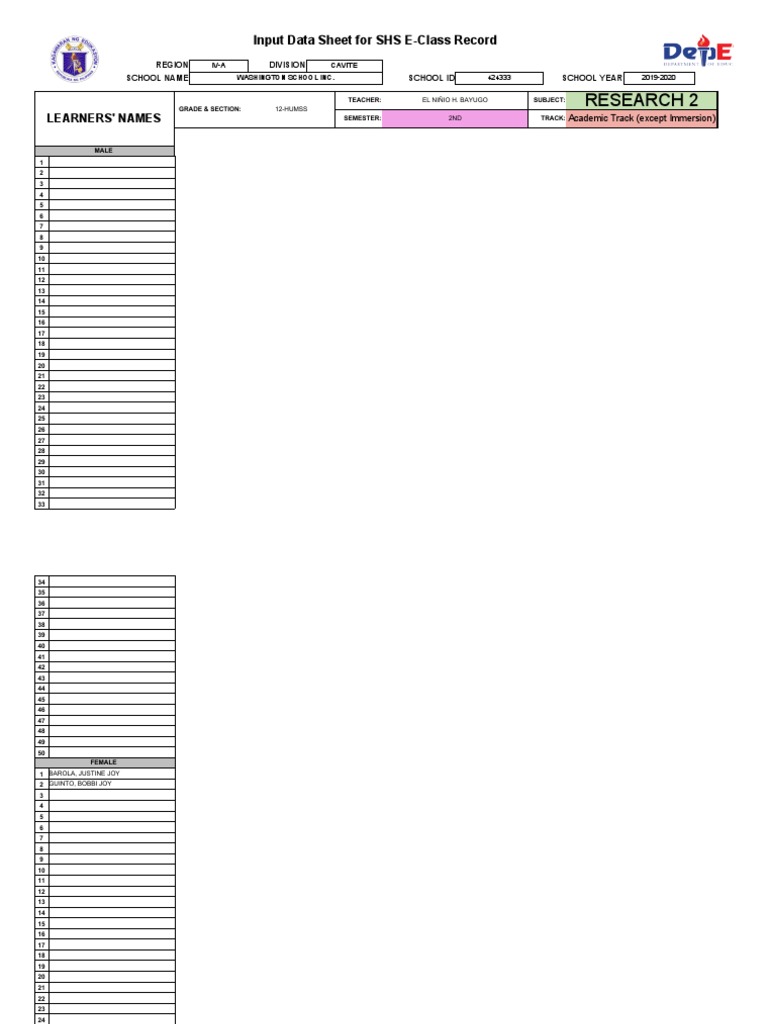 SHS E-Class Record for Research 2 | PDF | Teaching | Learning