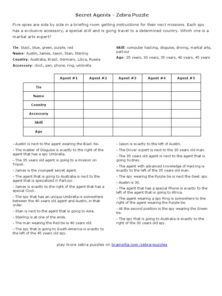 Secret Agents - Zebra Puzzle | PDF | Espionage | Violence