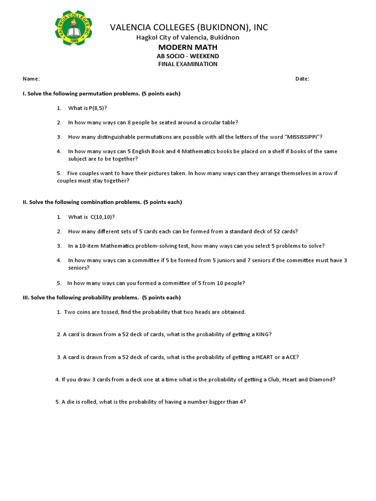 Valencia Colleges (Bukidnon), Inc: Modern Math | PDF