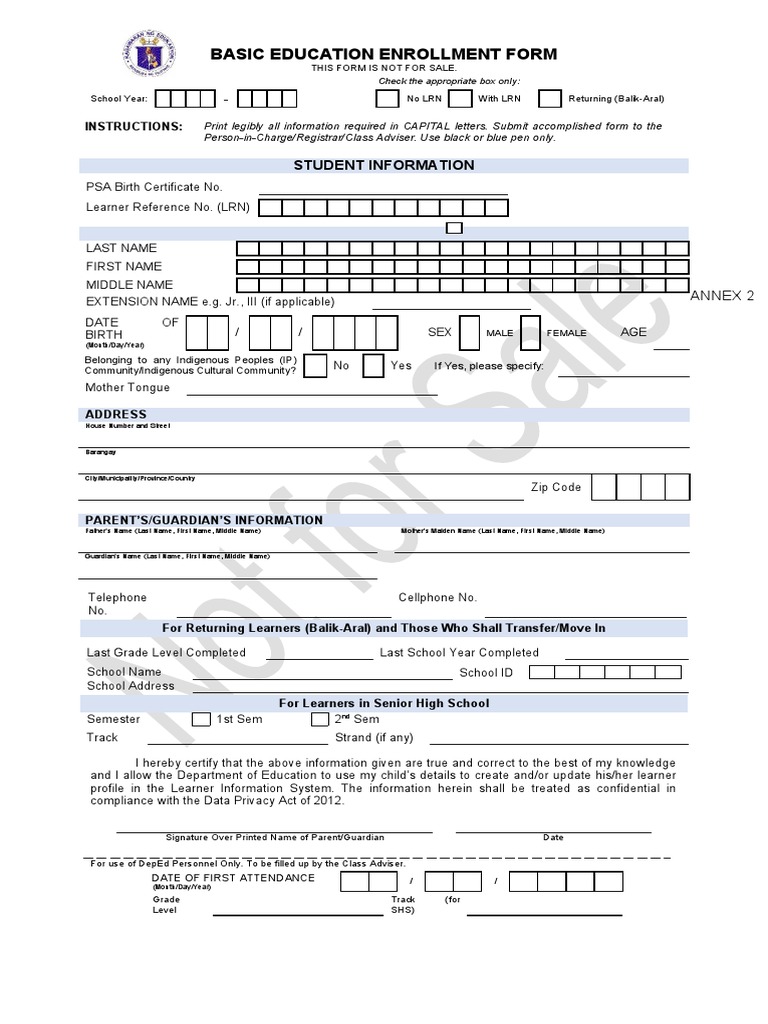 Basic Education Enrollment Form: Student Information | PDF | Languages Of Asia | Languages Of ...