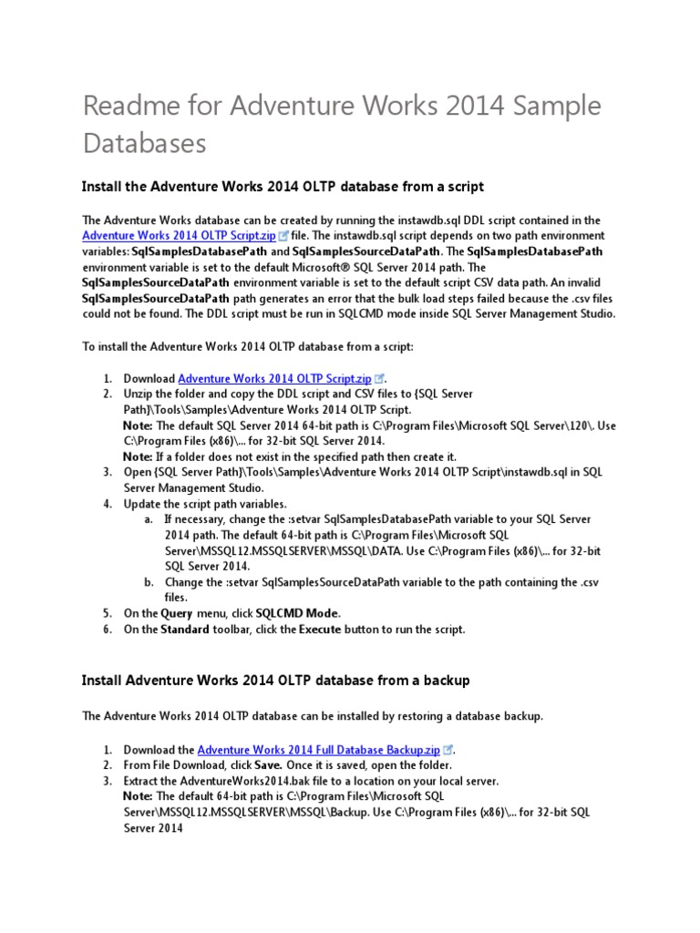 Adventure Works 2014 Sample Databases | PDF | Microsoft Sql Server | Information Retrieval