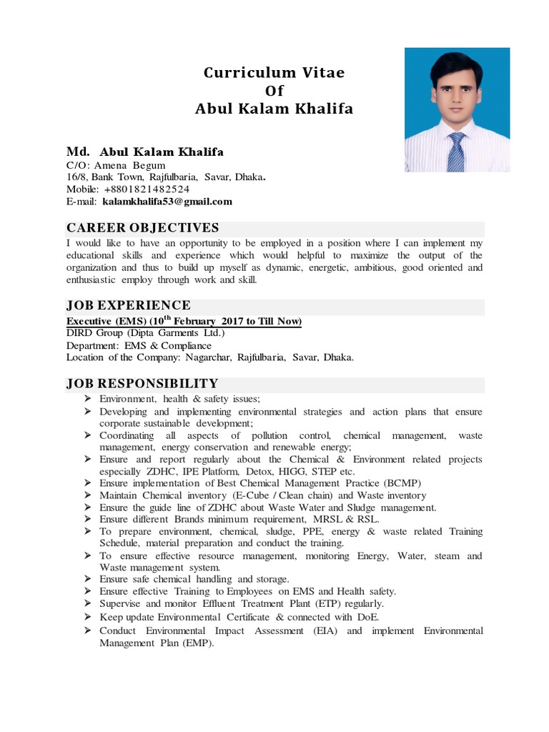 CV of Abul Kalam Khalifa PDF | PDF | Environmental Impact Assessment | Waste