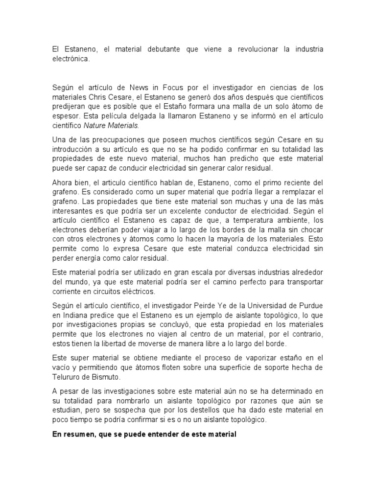 Resumen Del Estaneno. Materiales Del Futuro | PDF | Grafeno | Electricidad