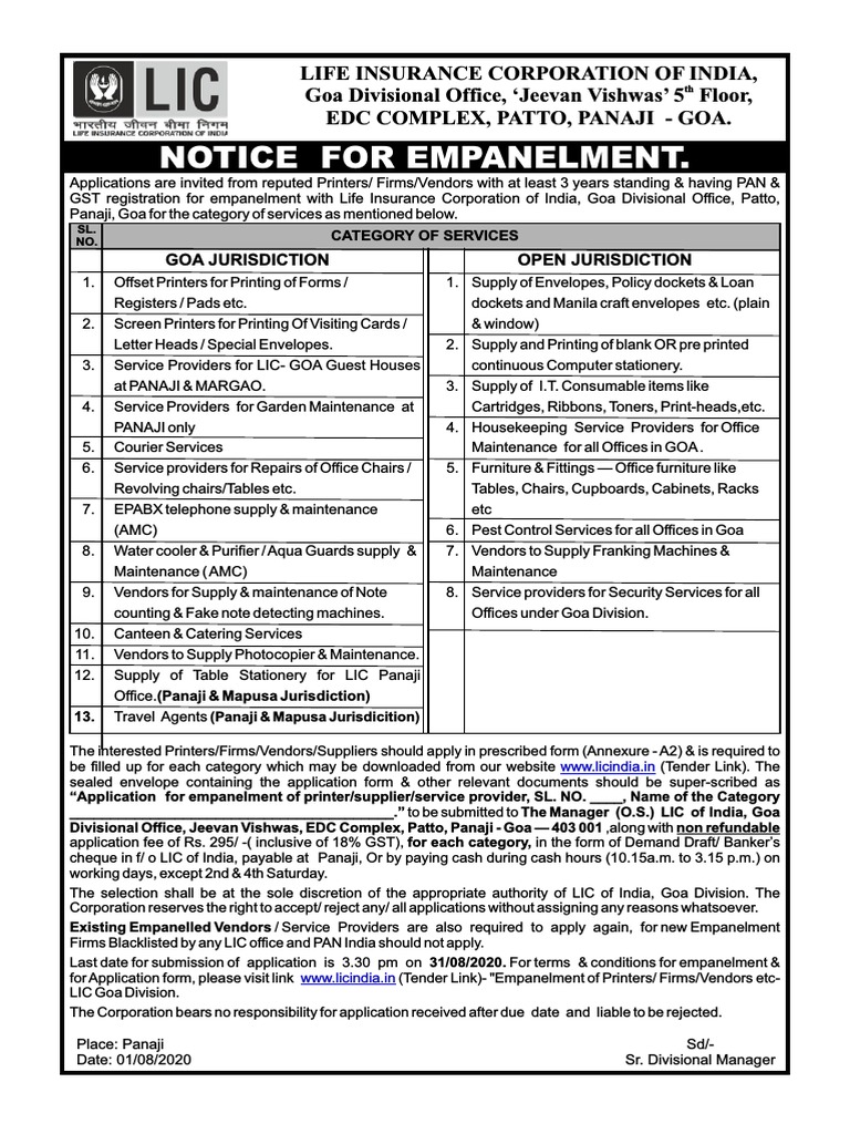 5 Tender-for-Empanelment-of-Vendors-LIC-Goa-Division | PDF | Printer ...