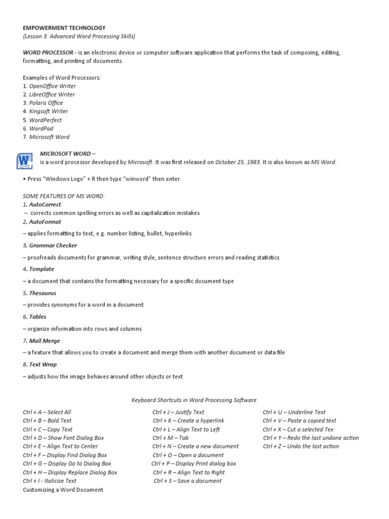 Lesson 3 (Advanced Word Processing Skills) | PDF | Word Processor ...