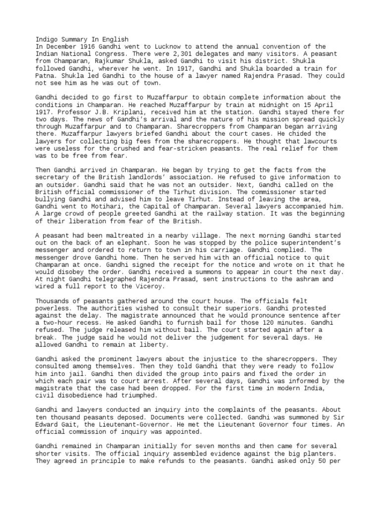 Indigo Summary With Hindi Exp | PDF | Mahatma Gandhi | Violence