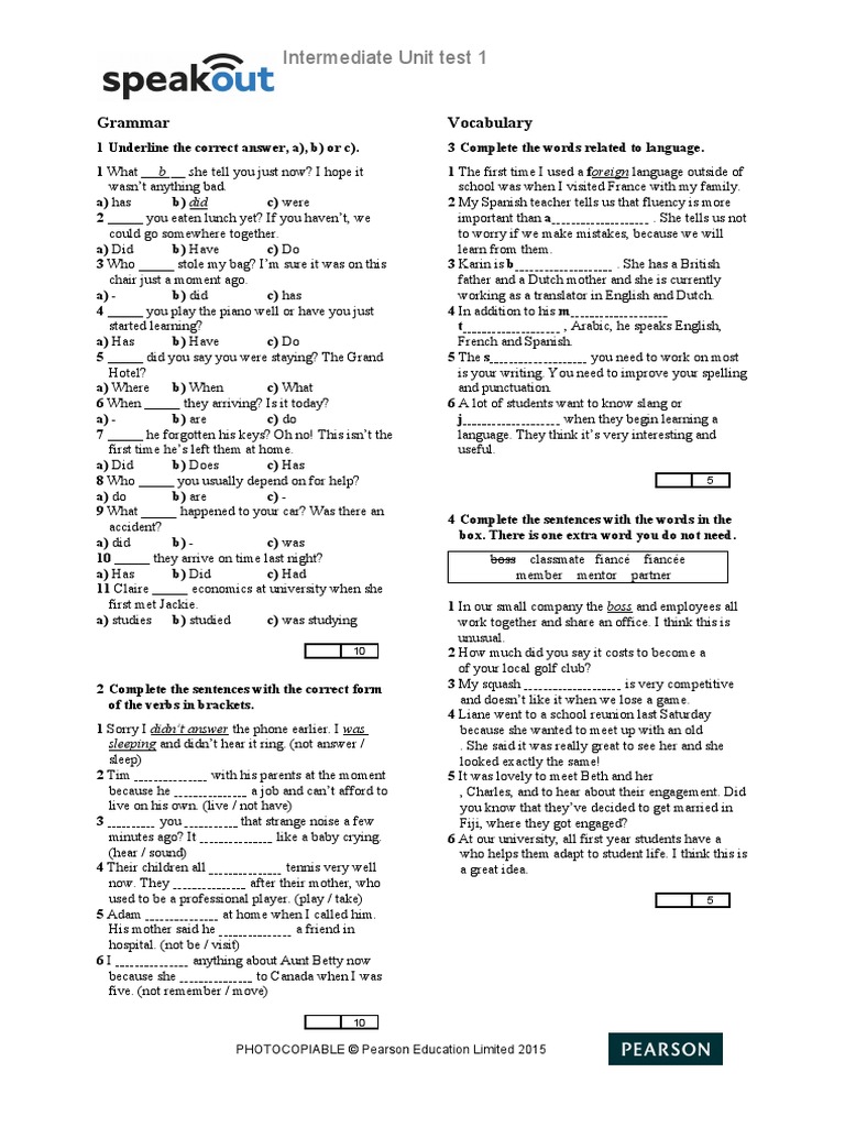 Intermediate Unit Test 1: Grammar Vocabulary | PDF | English Language