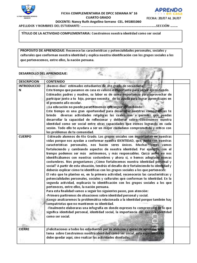 Ficha Complementaria DPCC 4to A, B y C | PDF | Conceptos psicologicos | Cognición