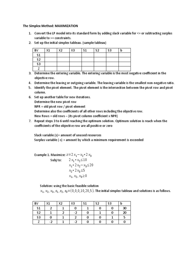 The Simplex Method: MAXIMIZATION: Z 2 X X X 10 X X 20 X 5 X, X, X 0 | PDF | Mathematical ...