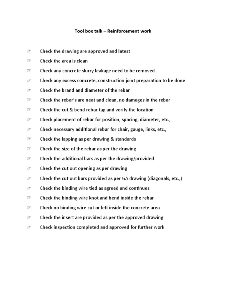 Tool Box Talks - Reinforcement | PDF | Concrete | Economic Sectors