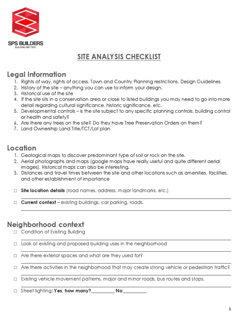 Site Analysis Checklist | PDF | Road | Parking Lot