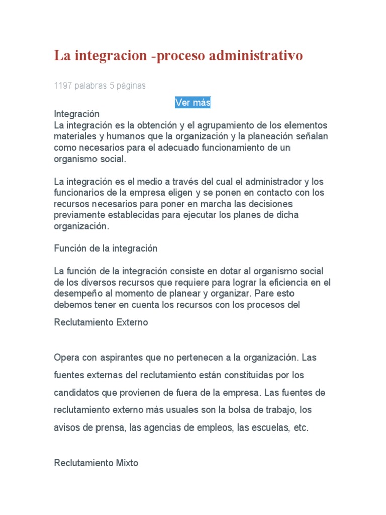 La Integracion en Los Procesos Administrativos | PDF | Reclutamiento ...