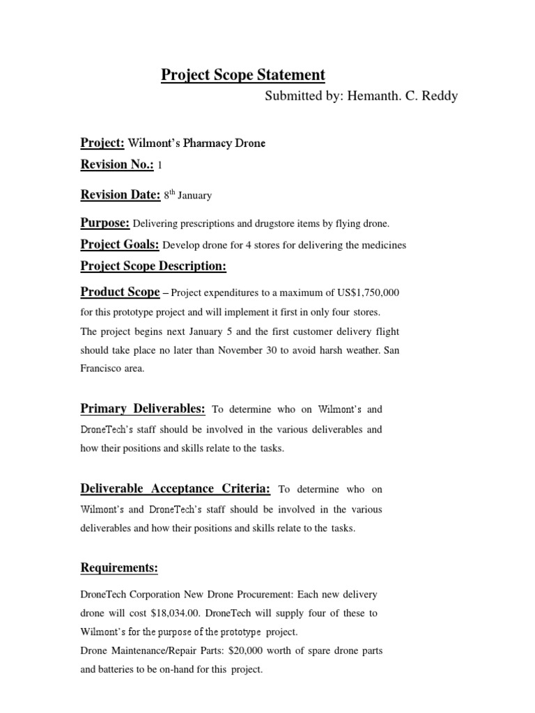 Wimont's Pharmacy Drone-Scope STMT., WBS, Wbs Dictionary, Cost Estimate ...