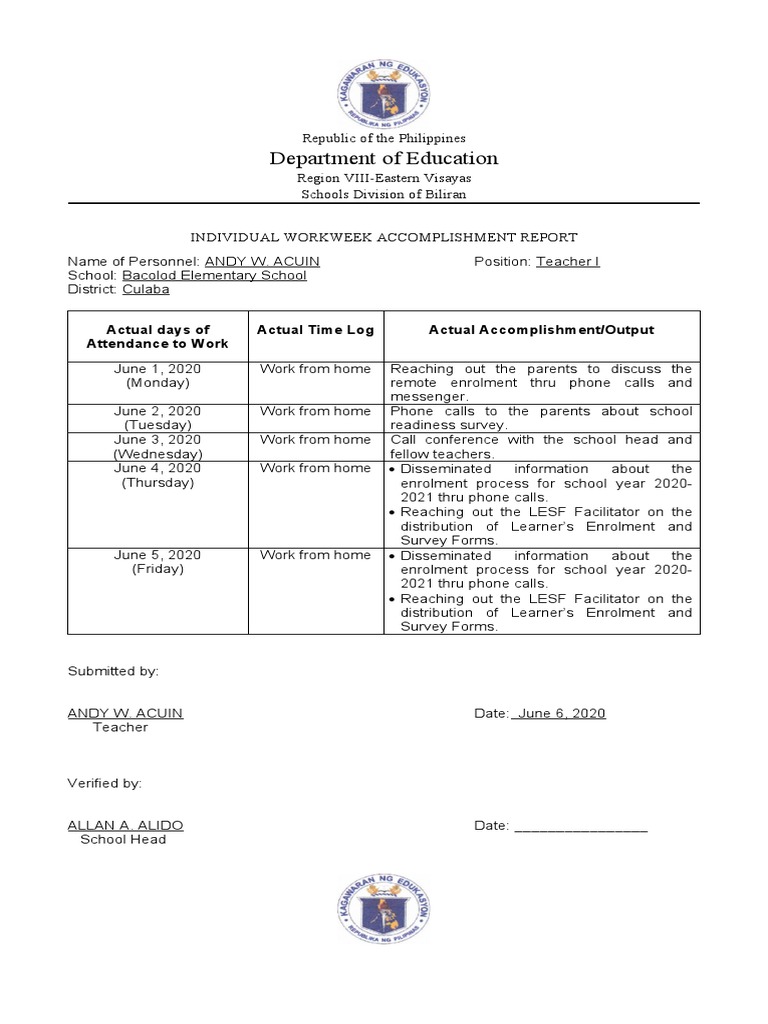 Individual Accomplishment Workweek Report | PDF | Workweek And Weekend ...