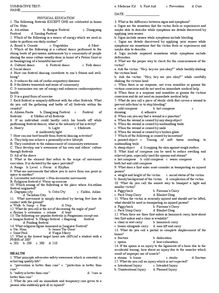 Summative Test - P.E. Health | PDF | Wound | Clinical Medicine