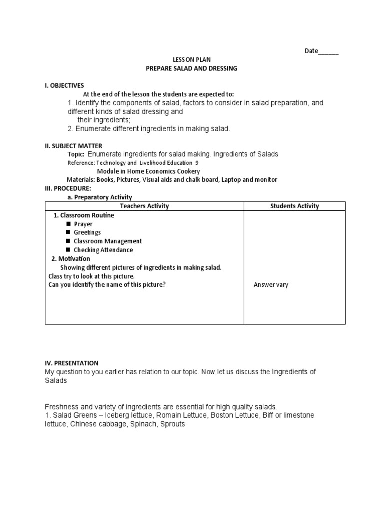 Prepare Salad and Dressing I. Objectives: Reference: Technology and ...
