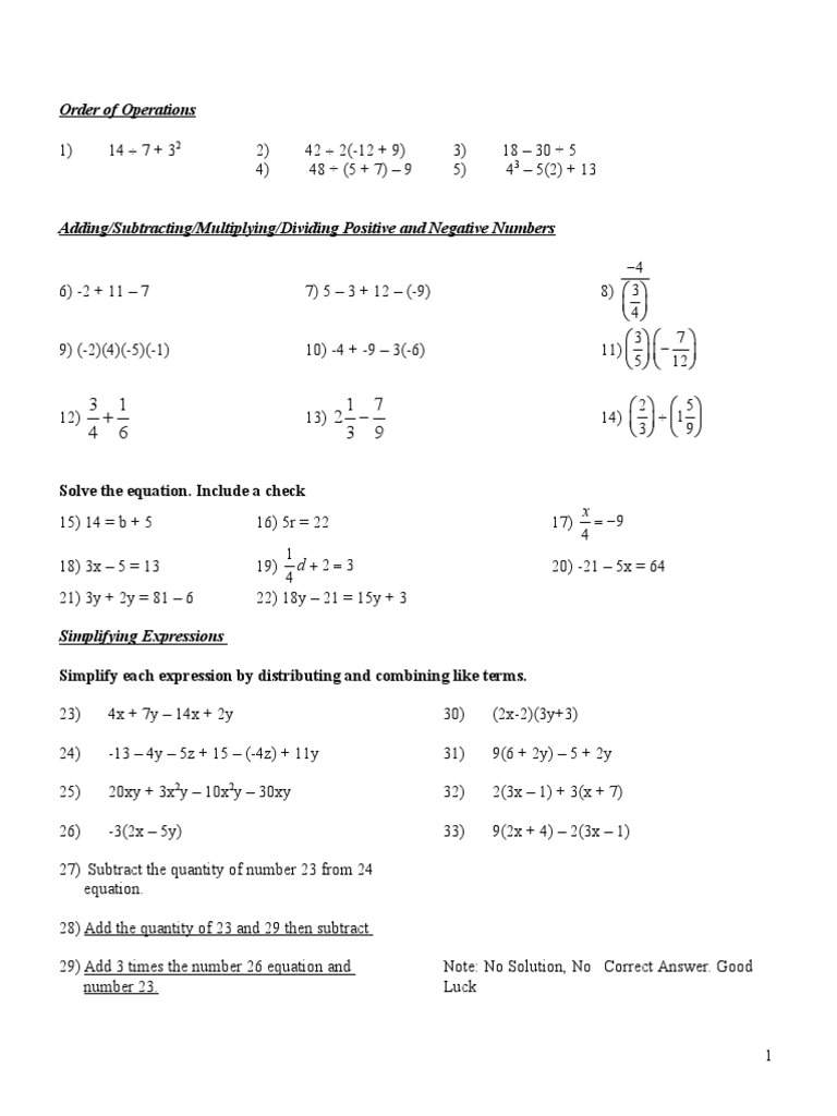 Order of Operations: Solve The Equation. Include A Check | PDF ...