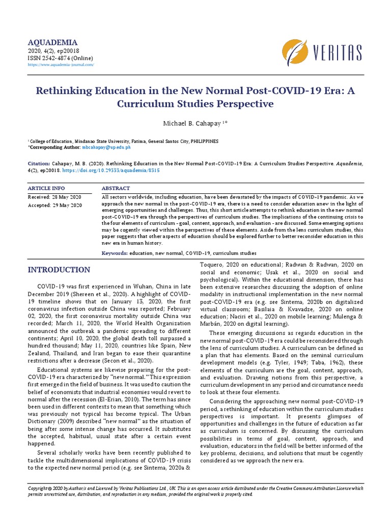 Rethinking Education in The New Normal Post-COVID-19 Era: A Curriculum ...