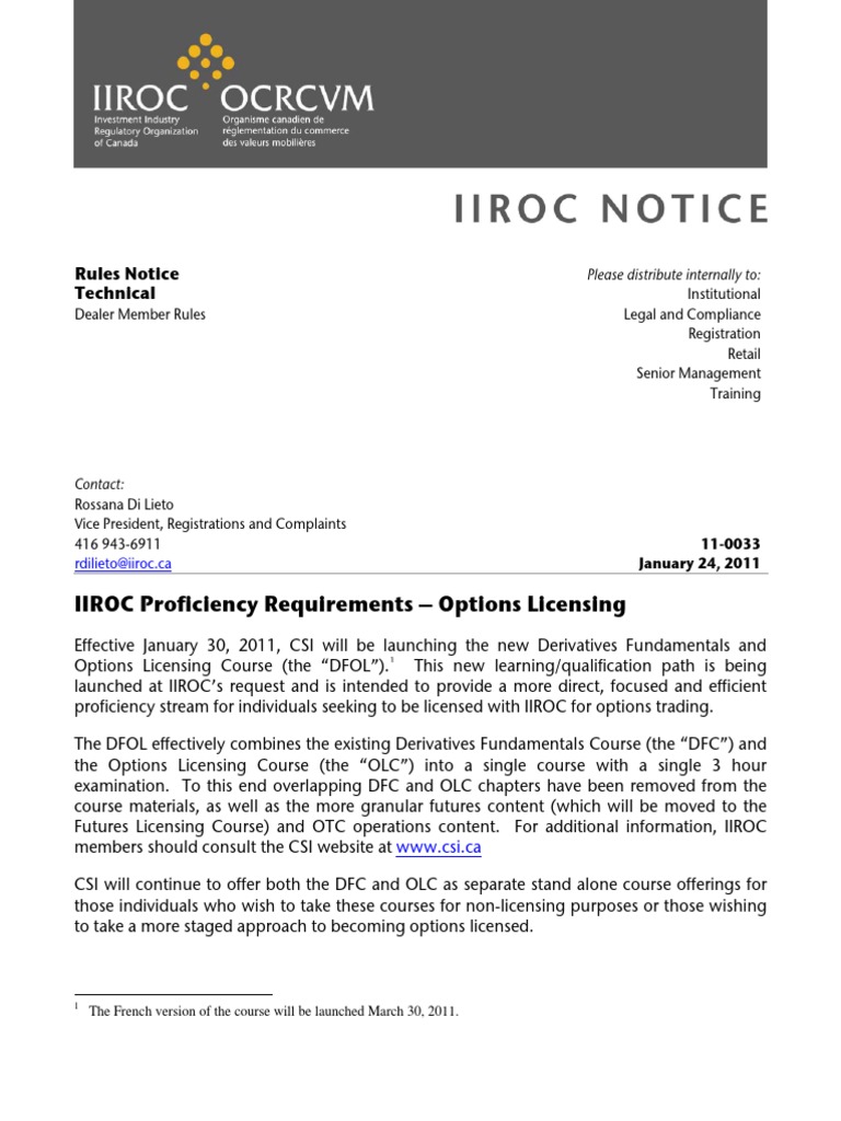 Rules Notice Technical: IIROC Proficiency Requirements - Options ...
