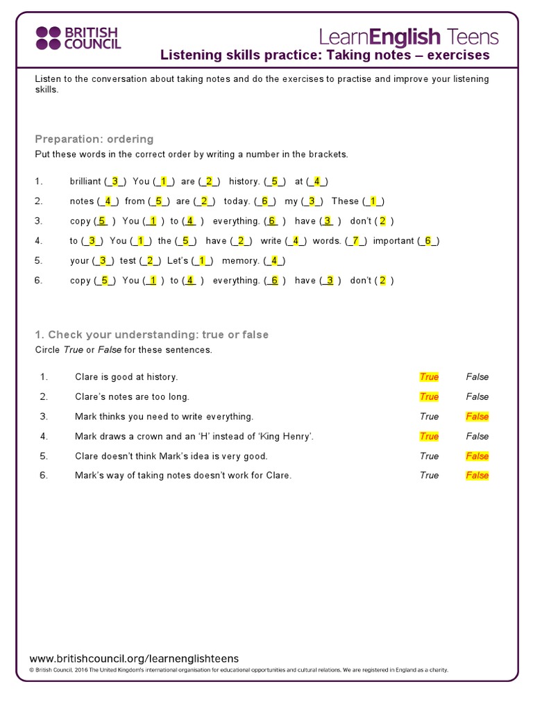 Note-Taking Exercises for Listening Skills | PDF | Language Arts ...