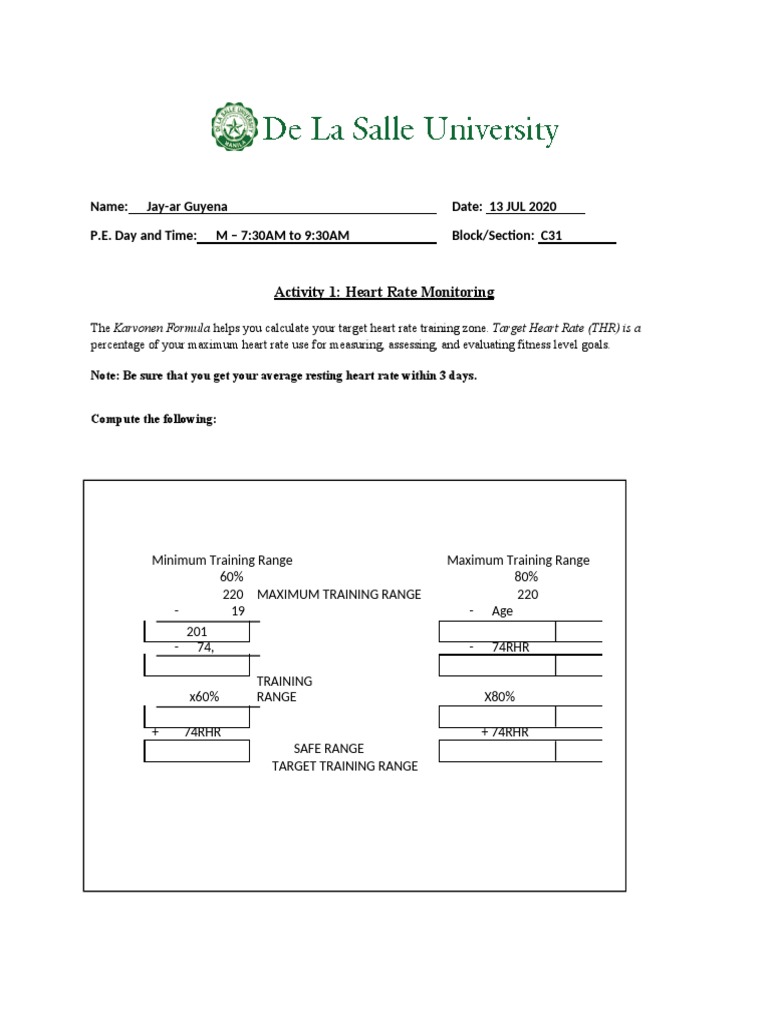 Activity Sheet 1 - Heart Rate Monitoring | PDF | Heart Rate | Learning