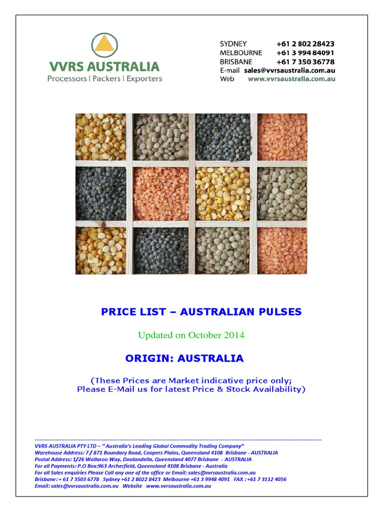 Australian Origin Pulses Price List - October 2014 | PDF | Brisbane ...