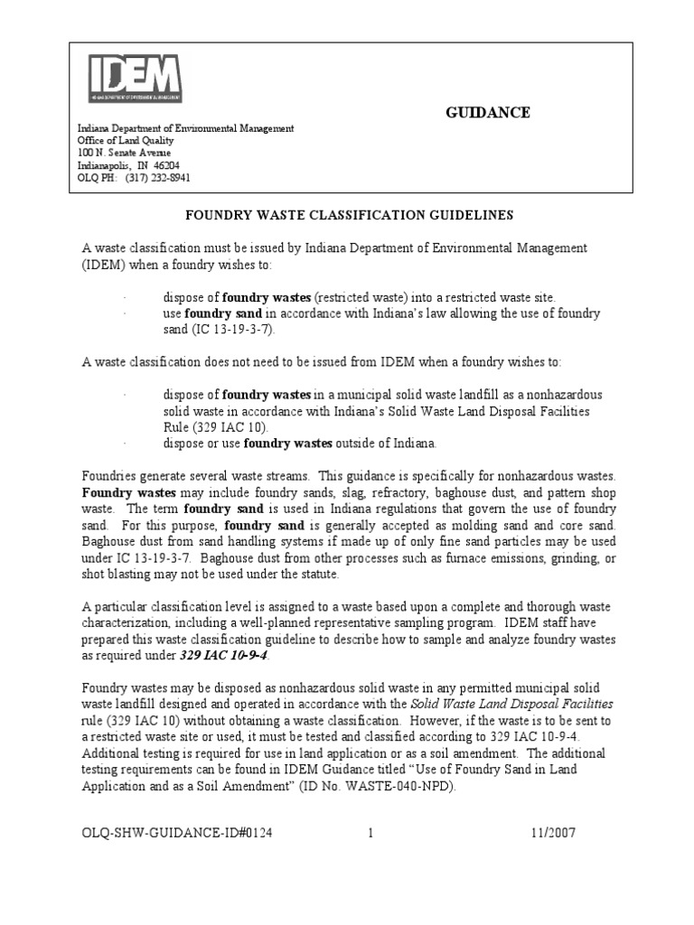 Foundry Waste Classification Guidelines: Guidance | PDF | Hazardous ...