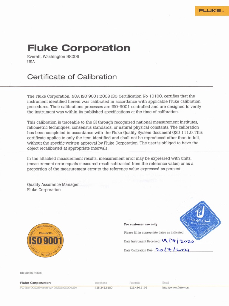 Calibration Certificate - Fluke - RCD Tester | PDF