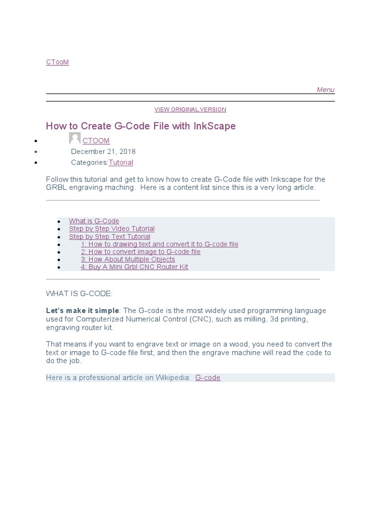 How To Create G-Code File With Inkscape: Ctoom Tutorial | PDF | Numerical Control | Computing