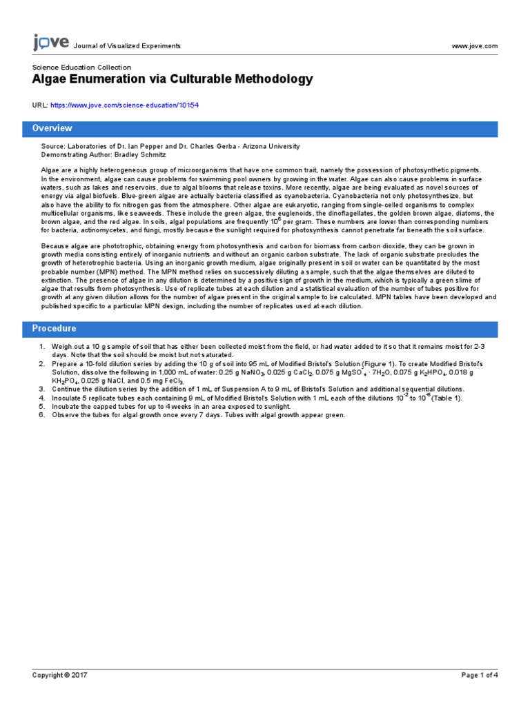 Jove Protocol 10154 Algae Enumeration Via Culturable Methodology | PDF | Algae | Cyanobacteria