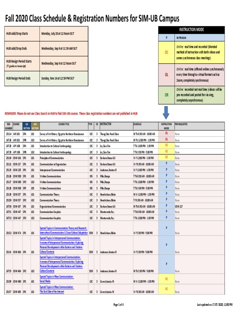Fall 2020 Class Schedule and Registration Information for SIM-UB Campus ...