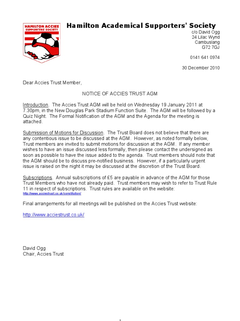 Notice of AGM, Agenda and Letter to Members | Community | Justice