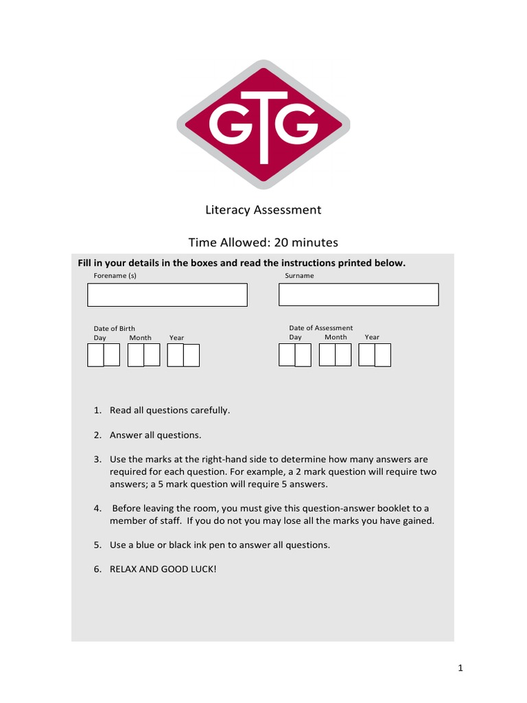 Literacy Assessment Time Allowed: 20 Minutes: Fill in Your Details in ...