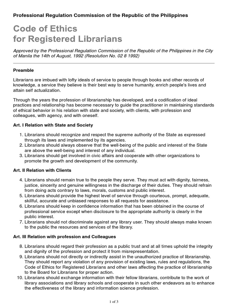 Code of Ethics For Librarians in The Philippines (1992) | PDF ...