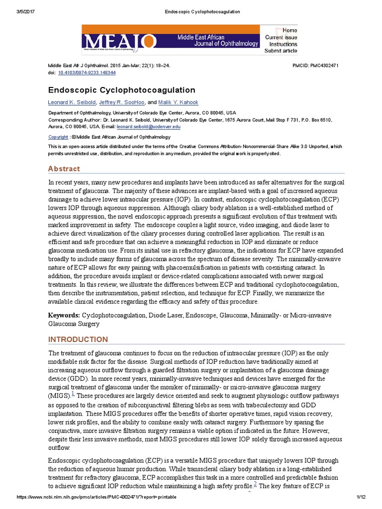 Seibold. Endoscopic Cyclophotocoagulation | PDF | Glaucoma | Ophthalmology