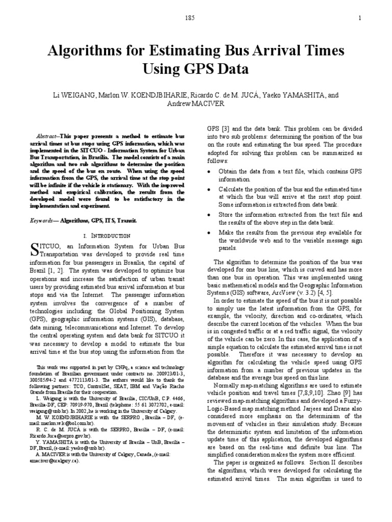 Algorithms For Estimating Bus Arrival Times Using GPS Data | PDF | Global Positioning System ...
