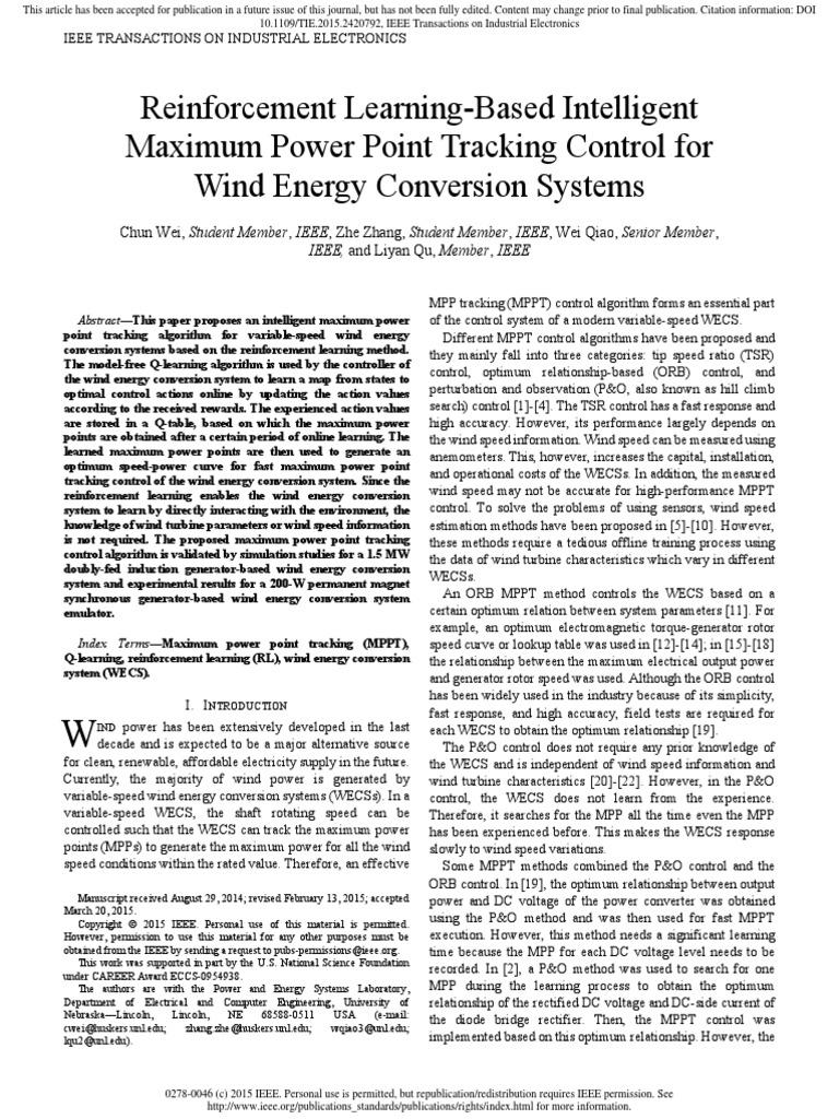 Reinforcement Learning-Based Intelligent Maximum Power Point Tracking Control For Wind Energy ...