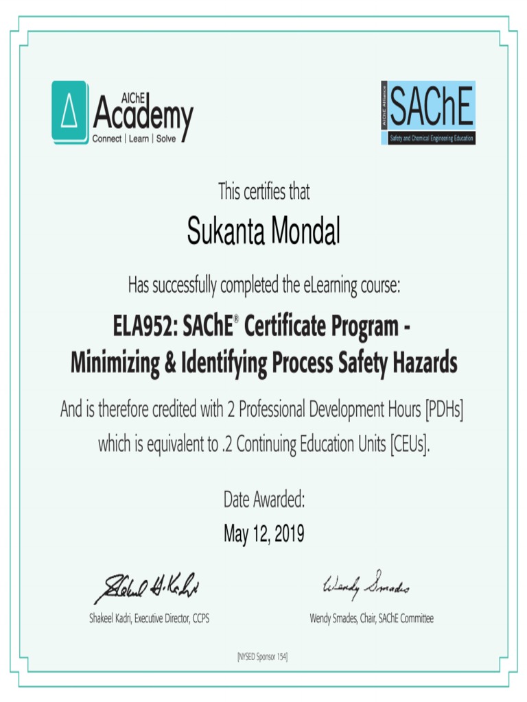 SAChE Certificate 3 - Identifying and Minimizing Process Safety Hazards | PDF